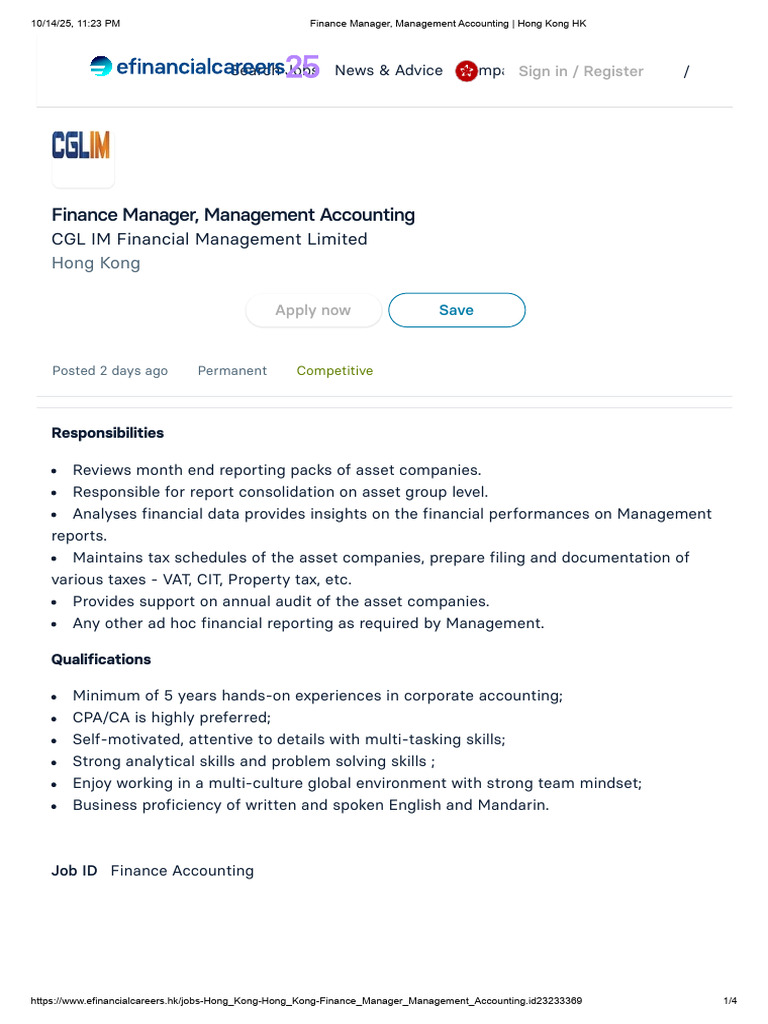 Finance Manager Job in Hong Kong | PDF | Business | Economies