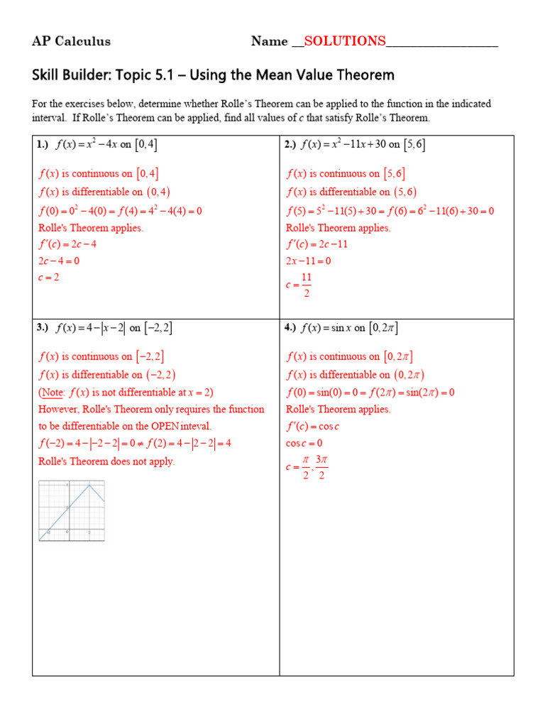 Mean Value Theorem Solutions | PDF | Speed | Velocity