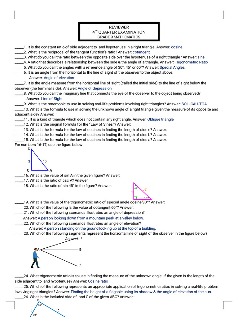 Reviewer 4thquarterexamg9math2024 2025semifinal | PDF | Trigonometric Functions | Trigonometry