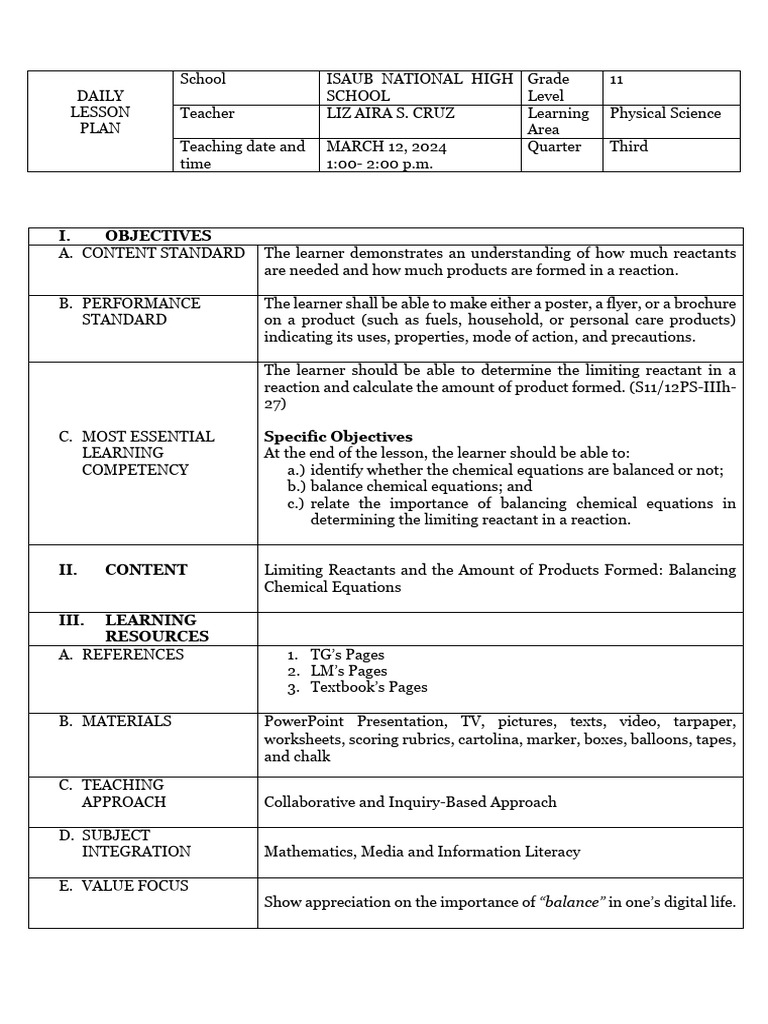 Sample Lesson Plan - CRUZ, LIZ AIRA S. | PDF | Stoichiometry | Chemical ...
