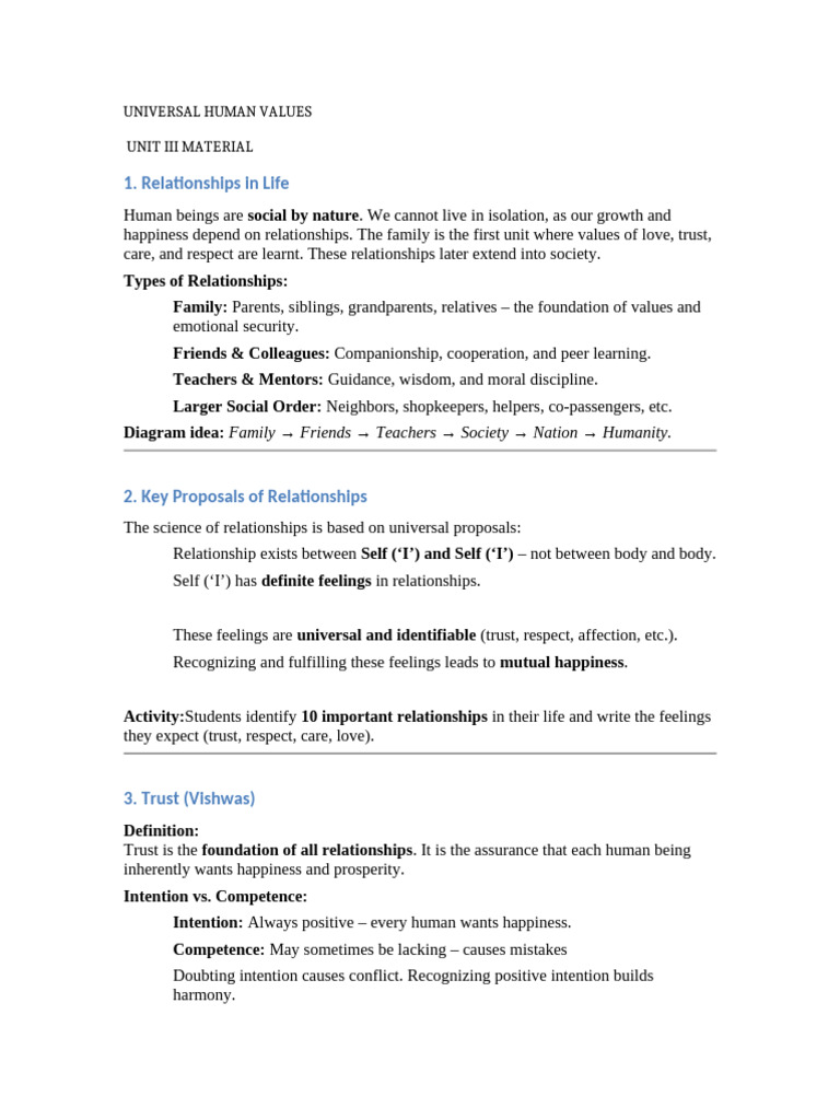 Human Values in Relationships: Unit 3 Notes | PDF | Love | Happiness