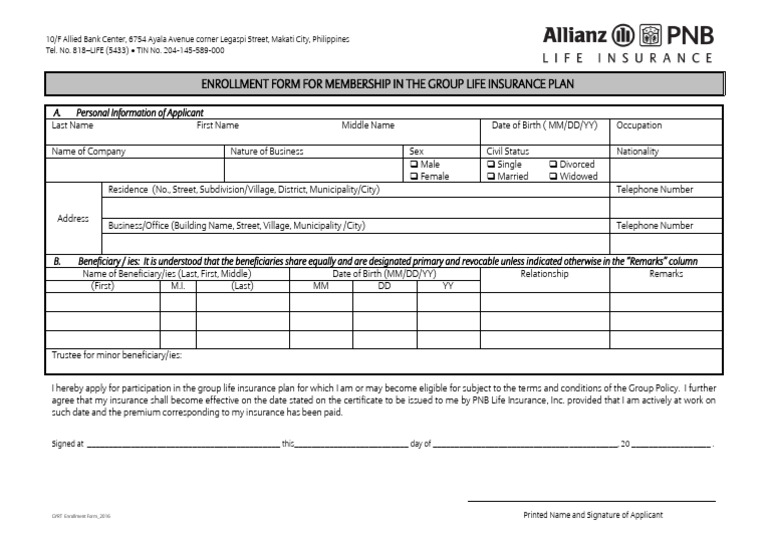 Group Life Insurance Enrollment Form | PDF | Life Insurance | Justice
