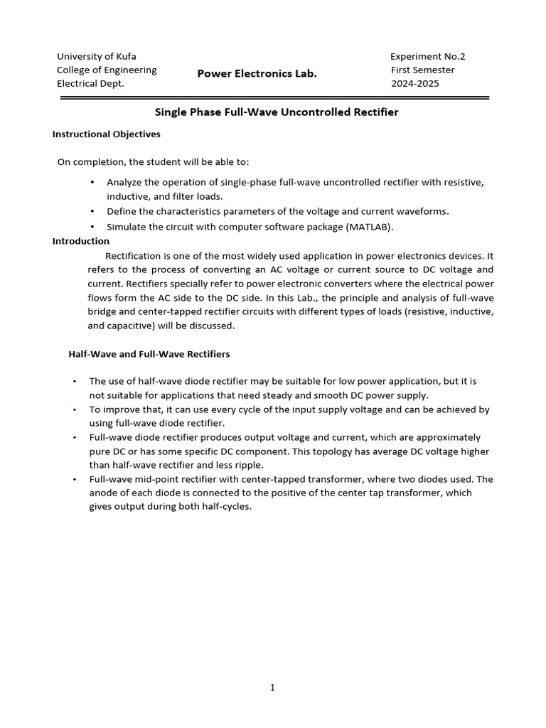 Exp. No.2 - Single Phase Full-Wave Uncontrolled Rectifier | PDF | Rectifier | Power Electronics