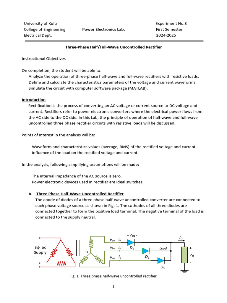 Exp. No.3 - Three-Phase Half-Full-Wave Uncontrolled Rectifier | PDF | Rectifier | Power Electronics