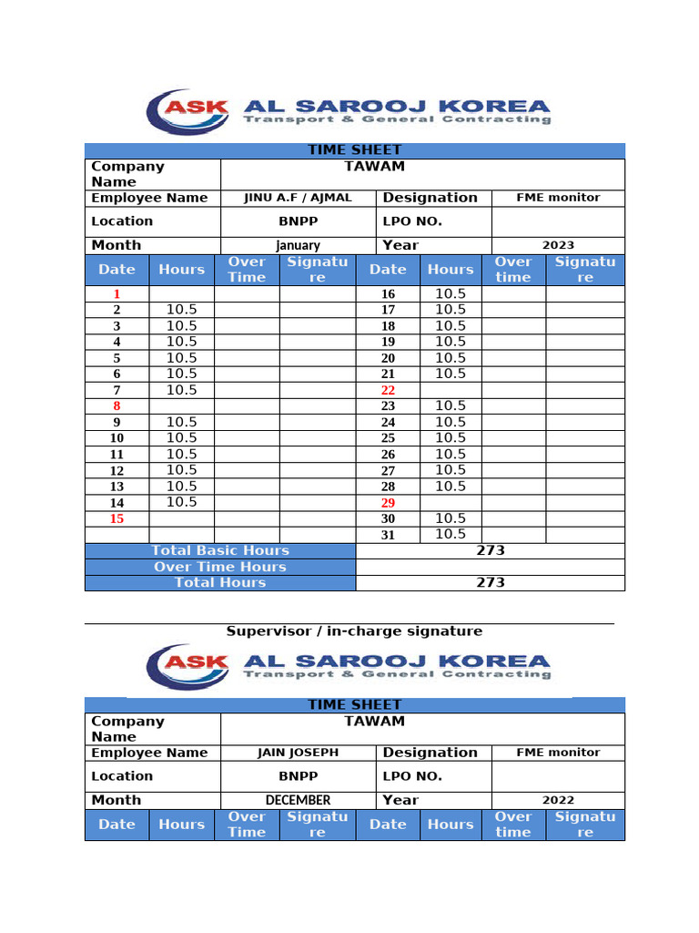 ASK-FME Time Sheet | PDF