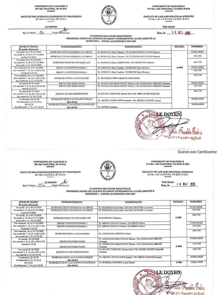 Planning Des Cours Modifié L1 Sem1 2025-2026 | PDF