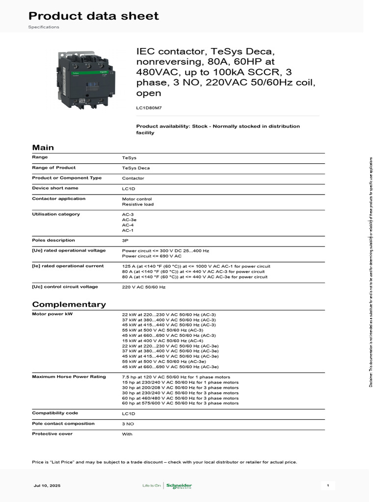 Schneider Electric TeSys-Deca-Contactors LC1D80M7 | PDF | Electrical ...