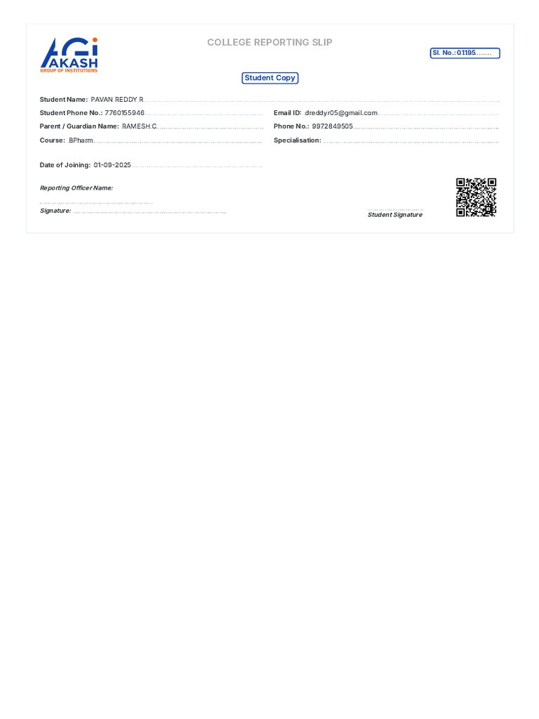 College Reporting Slip - Akash Students Portal | PDF