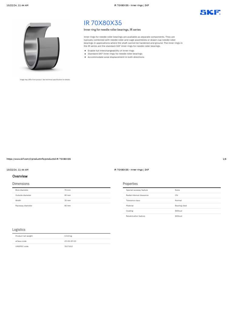 IR 70X80X35 - Inner Rings - SKF | PDF | License | Bearing (Mechanical)