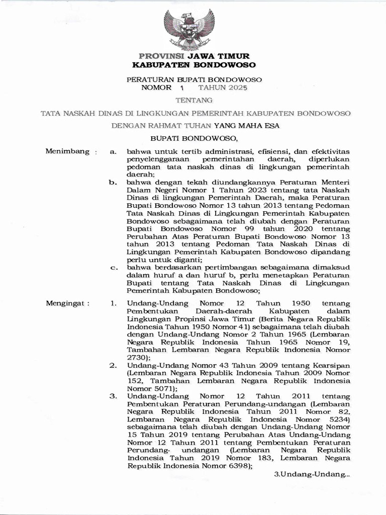 Perbup No 1 Tahun 2025 Tentang Tata Naskah Dinas | PDF