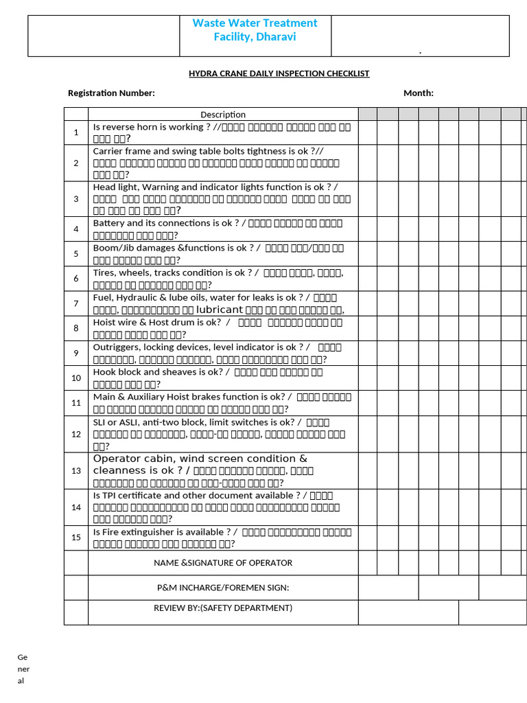 17.0 Faran Crane Daily Inspection Checklist | PDF