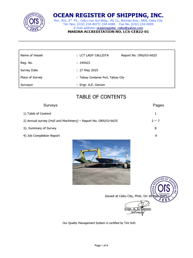 Annual Survey Report for LCT Lady Callista | PDF | Firefighting | Pump