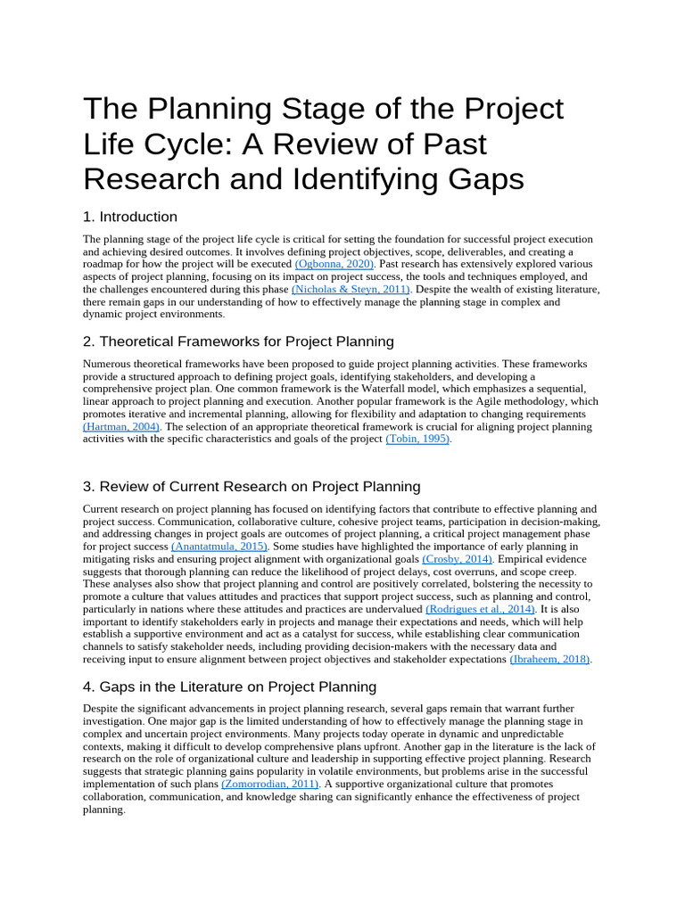 The Planning Stage of The Project Life Cycle A Review of Past Research ...