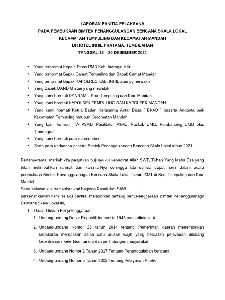 Laporan Panitia Pelaksana Bimtek Penanggulangan Bencana | PDF