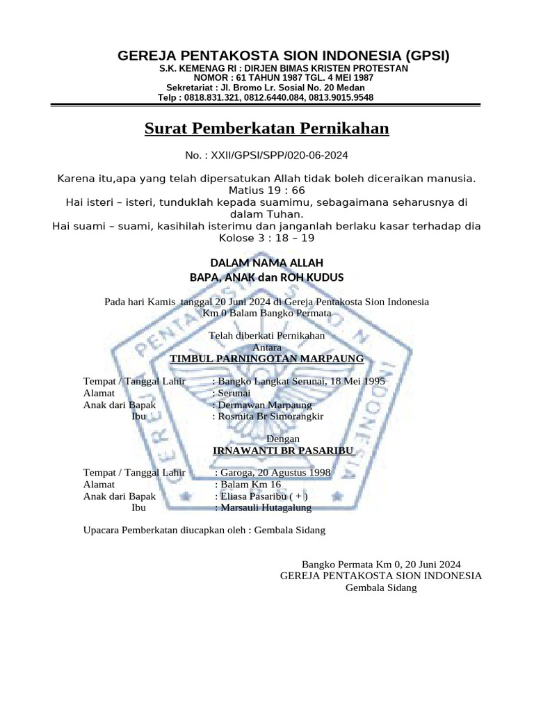 Surat Pemberkatan Pernikahan | PDF