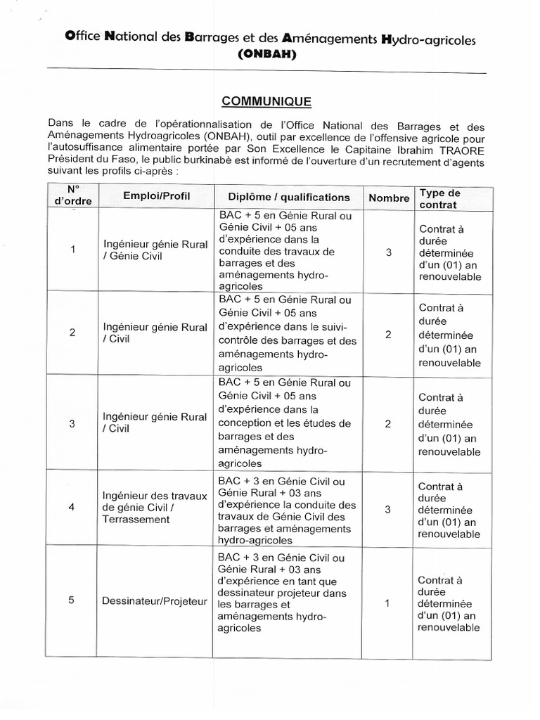 Communique Recrutement ONBAH 2025 LV 1 | PDF