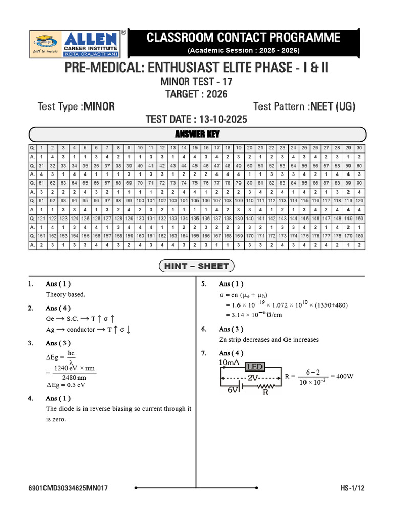 13-10-2025 Pre-Medical Enthusiast Elite Phase - I & II - Minor Test ...
