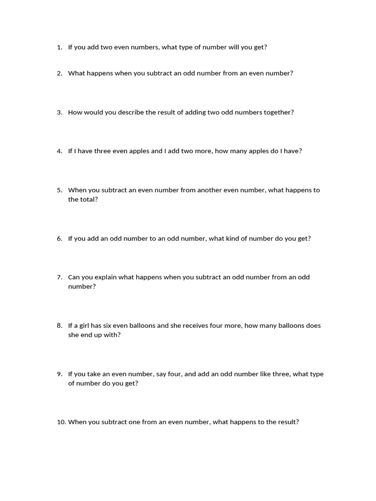 Addition and Subtraction of Odd and Even Numbers | PDF