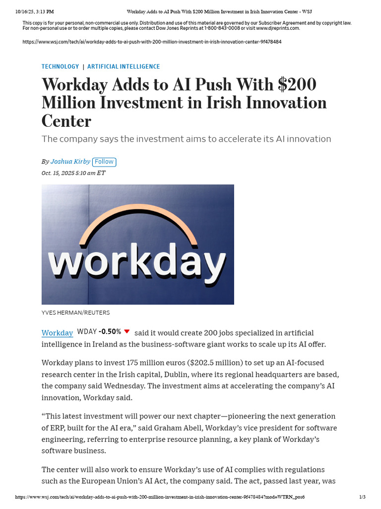 Workday Adds To AI Push With $200 Million Investment in Irish ...