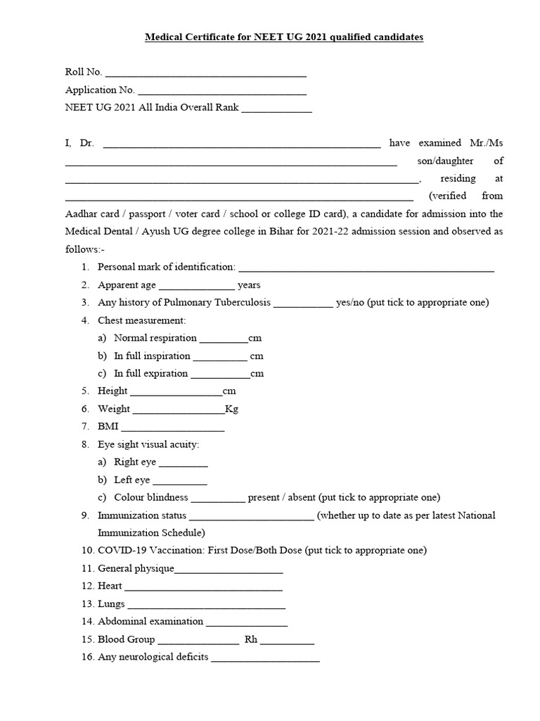 Medical Certificate For NEET UG 2021 Qualified Candidates | PDF ...