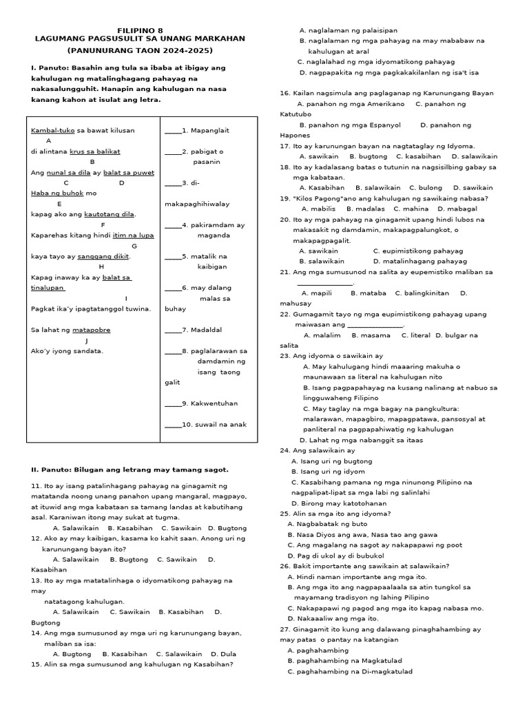 Lagumang Pagsusulit Fil8 1ST Grading | PDF