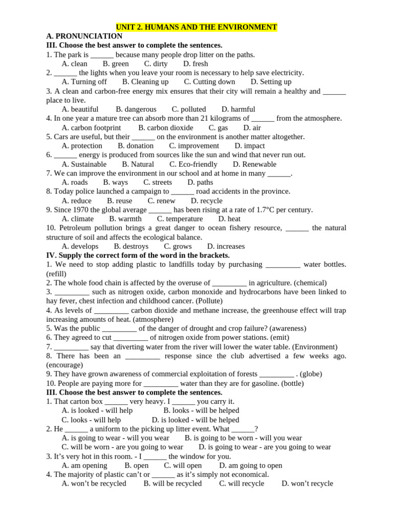 UNIT 2 Humans and The Environment | PDF | Pollution | Plastic