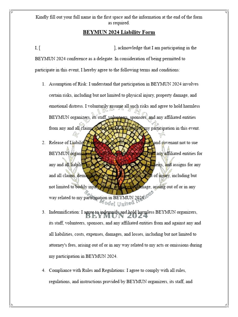 BEYMUN 2024 Liability Agreement | PDF | Indemnity | Civil Law (Legal ...