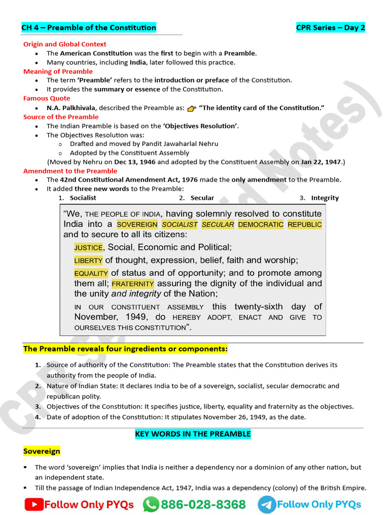 CH 4 - Preamble of The Constitution | PDF | Social Equality | Democracy