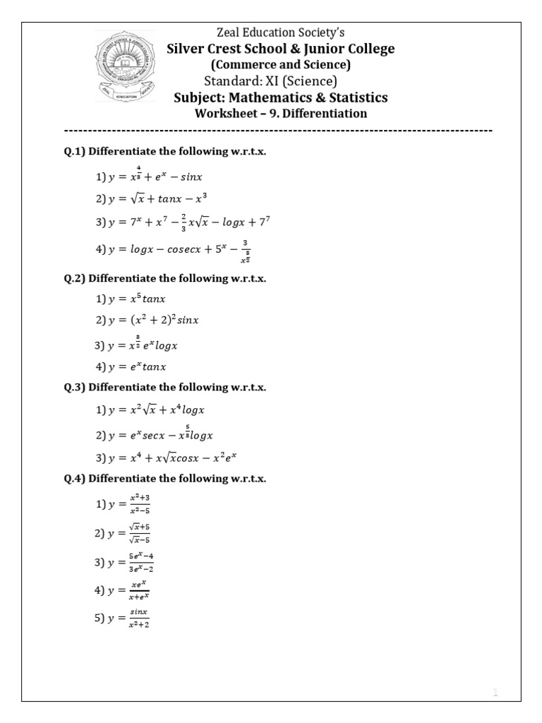 Differentiation Worksheet for XI Science | PDF