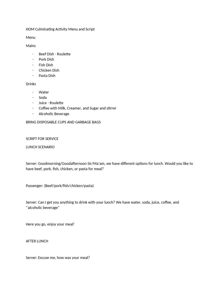 HOM Culminating Activity Menu and Script | PDF