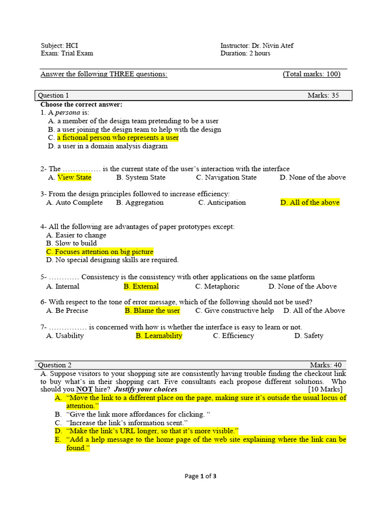 HCI Trial Exam Questions and Answers | PDF | Graphical User Interfaces ...