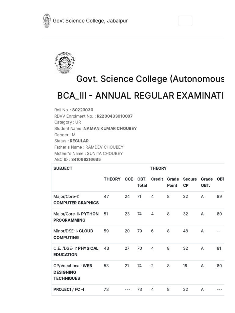 Exam Cell Oficial Web Portal of Govt Science College, Jabalpur | PDF