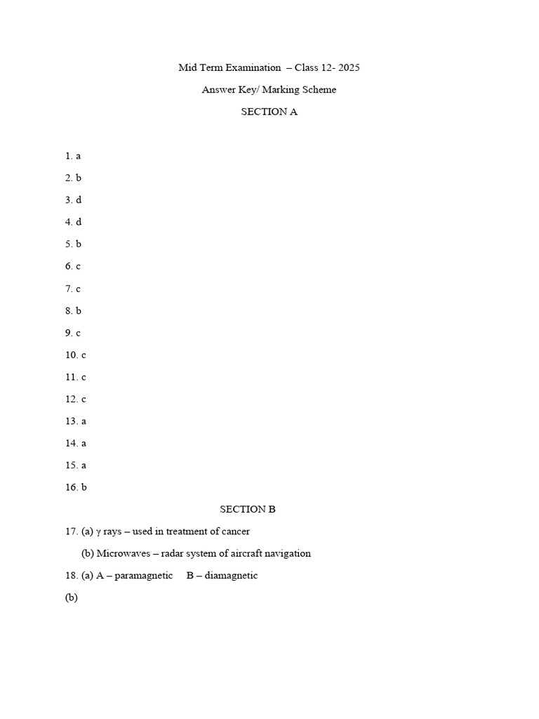 Class 12 Mid Term Answer Key 2025 | PDF