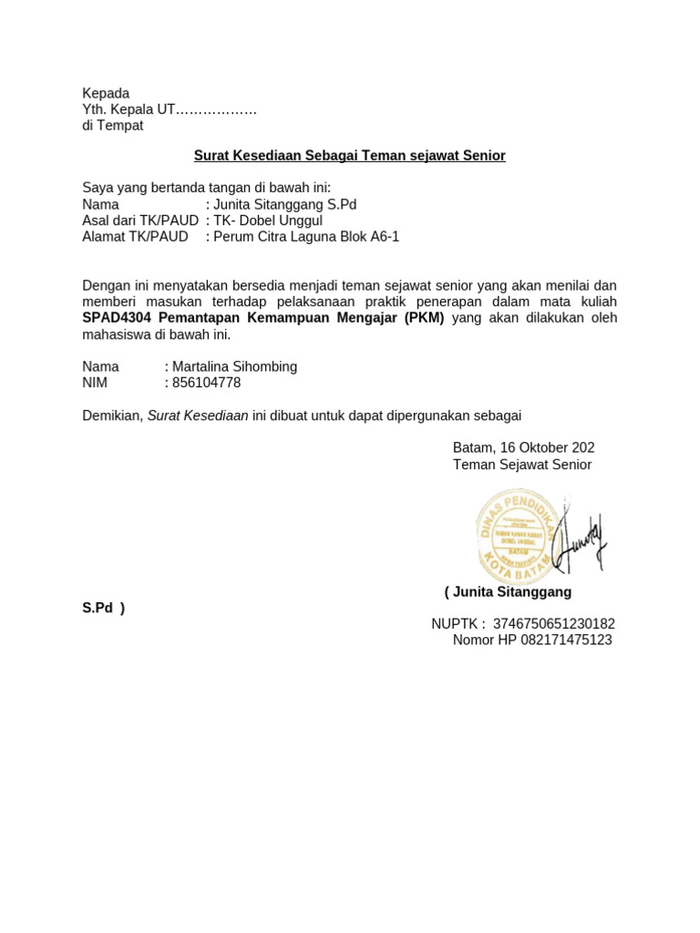 Surat Kesediaan Teman Sejawat Senior | PDF