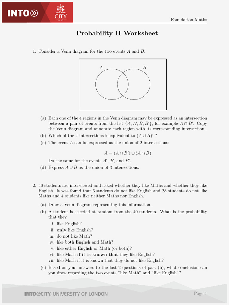 Probability and Venn Diagrams Worksheet | PDF