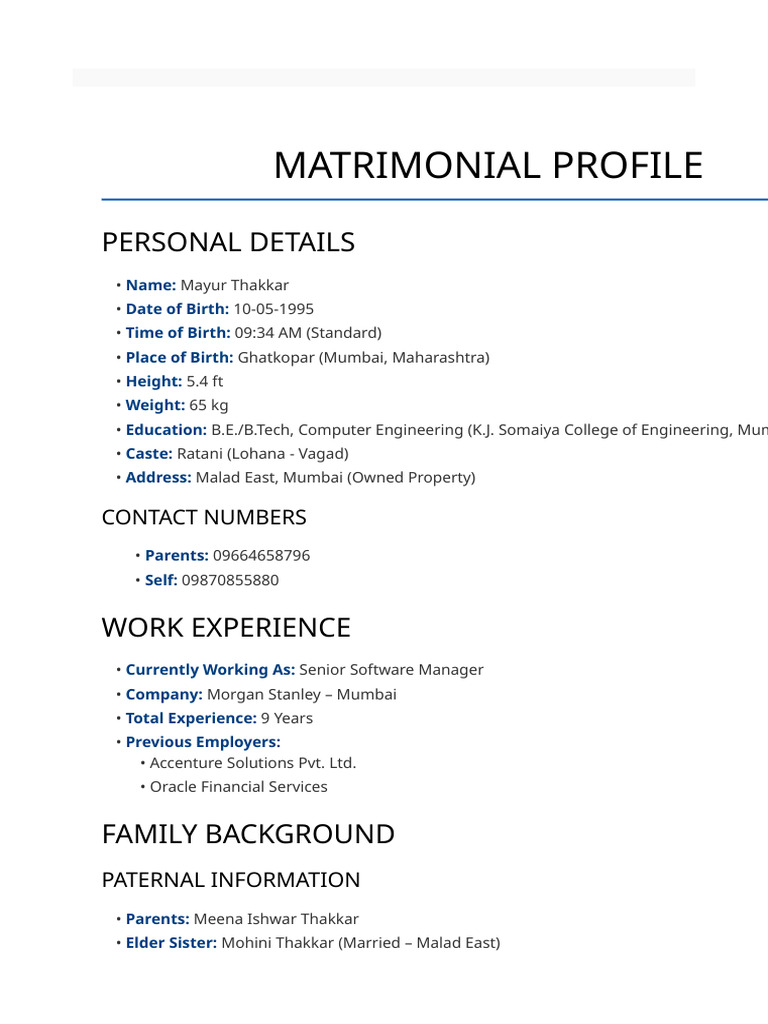 Matrimonial Profile of Mayur Thakkar | PDF