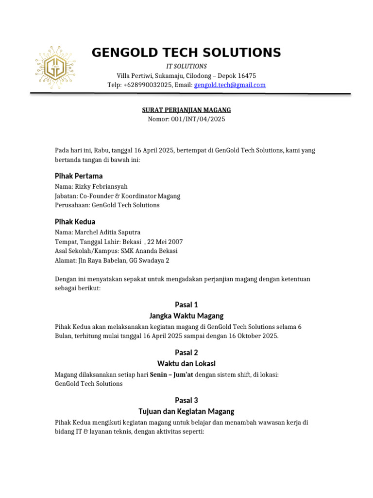 Perjanjian Magang GenGold Tech 2025 | PDF