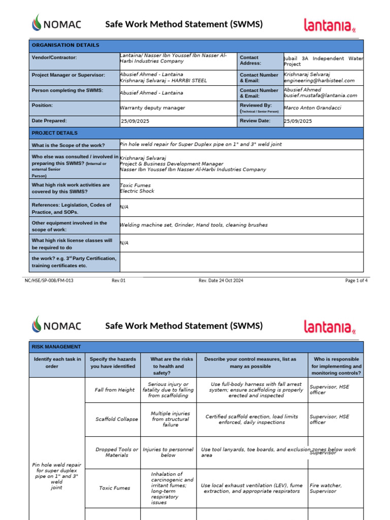 SWMS For Pin Hole Weld Repair For Super Duplex Pipe On 1 and 3 Weld | PDF | Welding | Construction