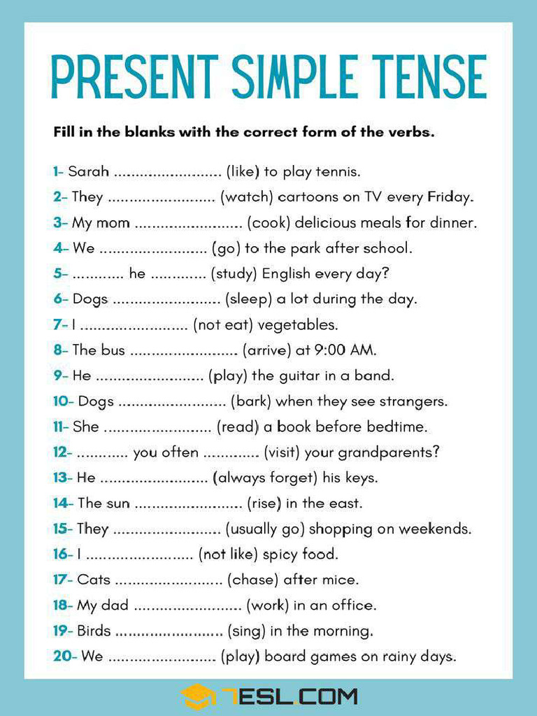 Present Simple Tense Excercises and Worksheets - 7ESL | PDF