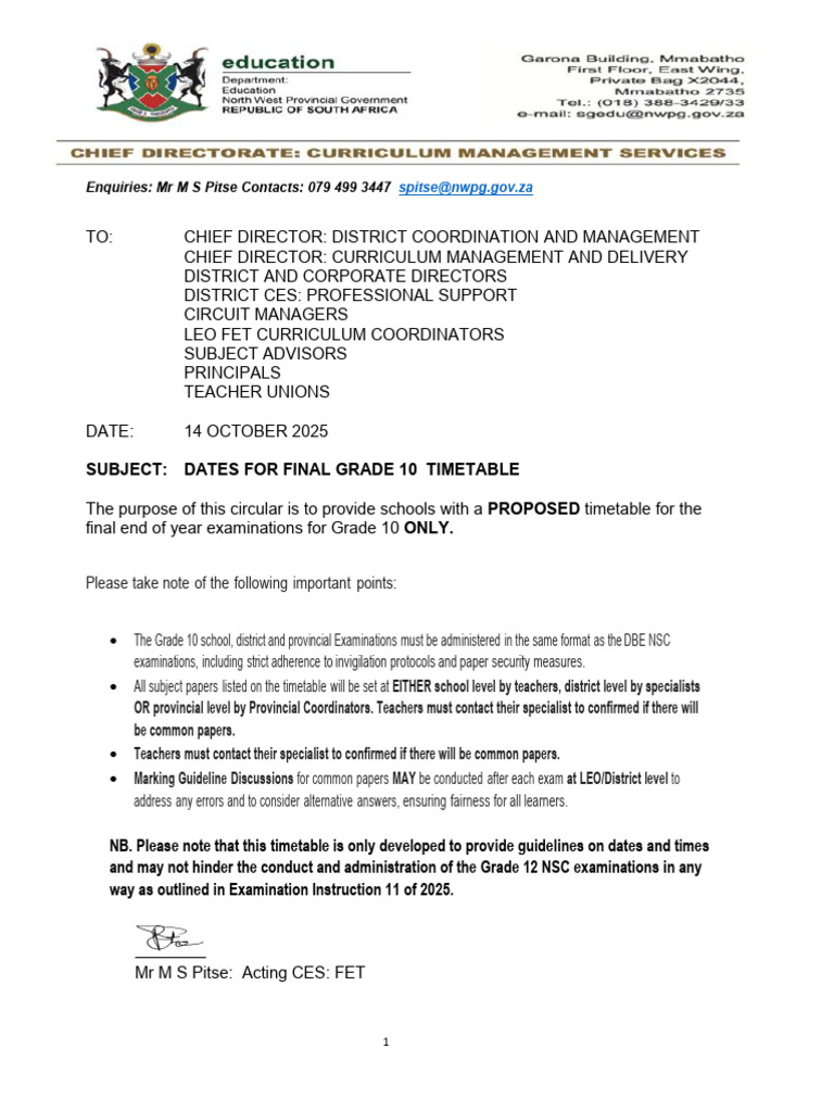 Grade 10 Final Exam Timetable 2025 | PDF