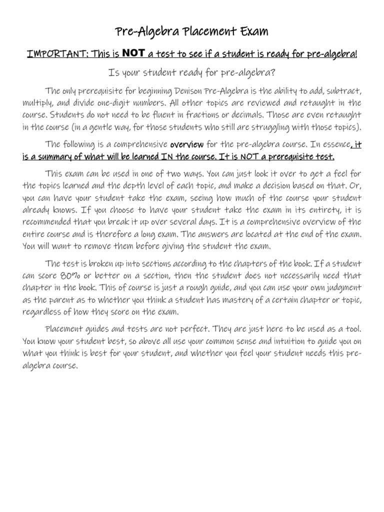 272c82 8e3 554 C5fa 640b7556e62 Pre Algebra Placement Test | PDF ...