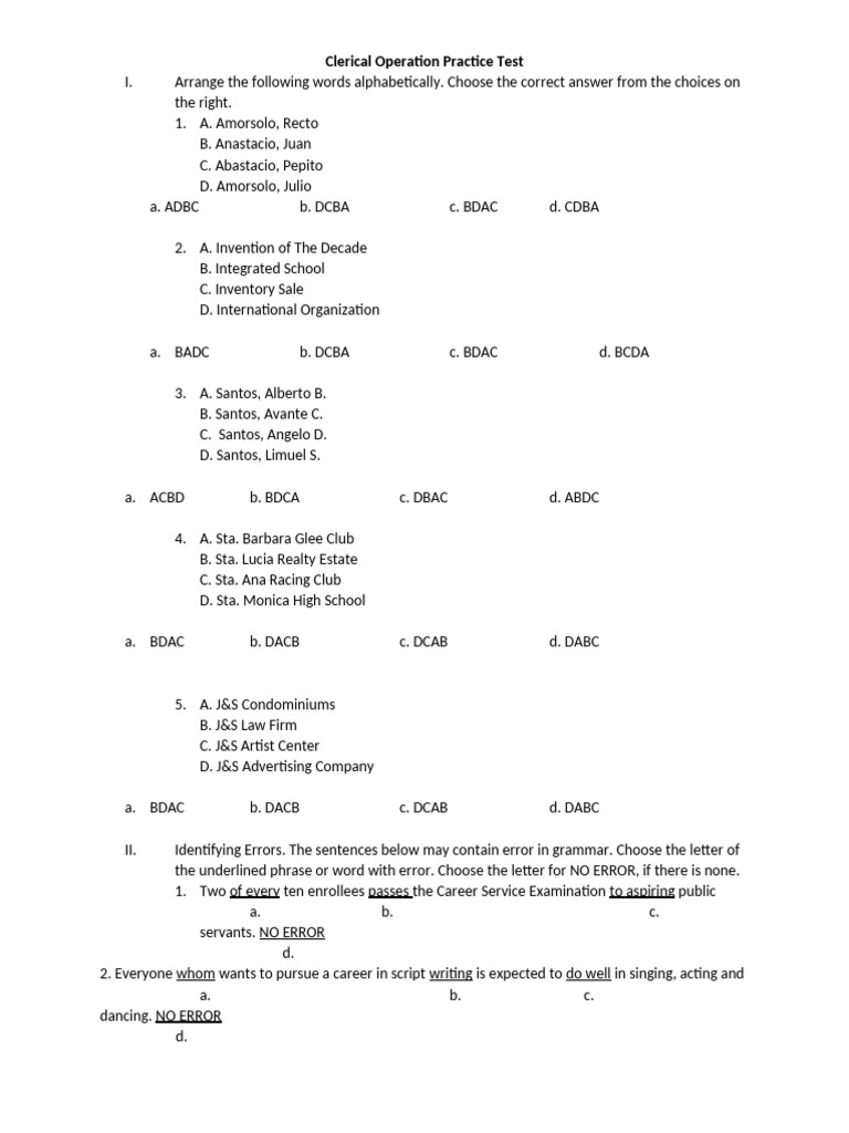 Clerical Operation Practice Test | PDF | Syntax | Grammar