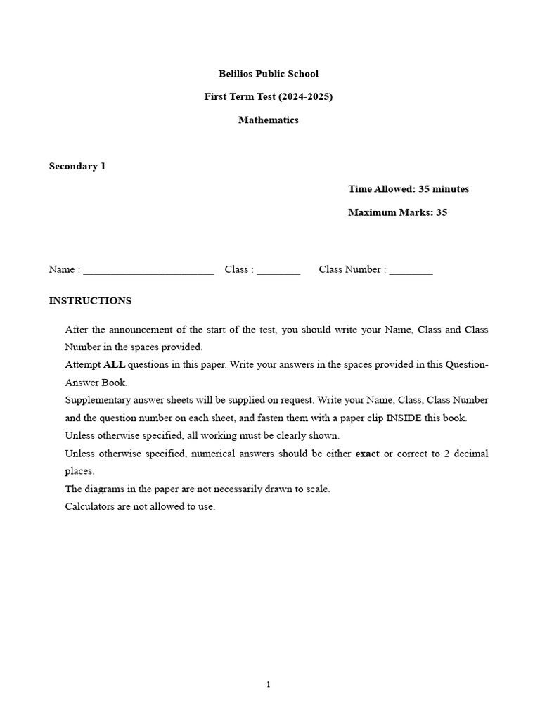 Secondary 1 Math Test 2024-2025 | PDF | Numbers | Mathematics