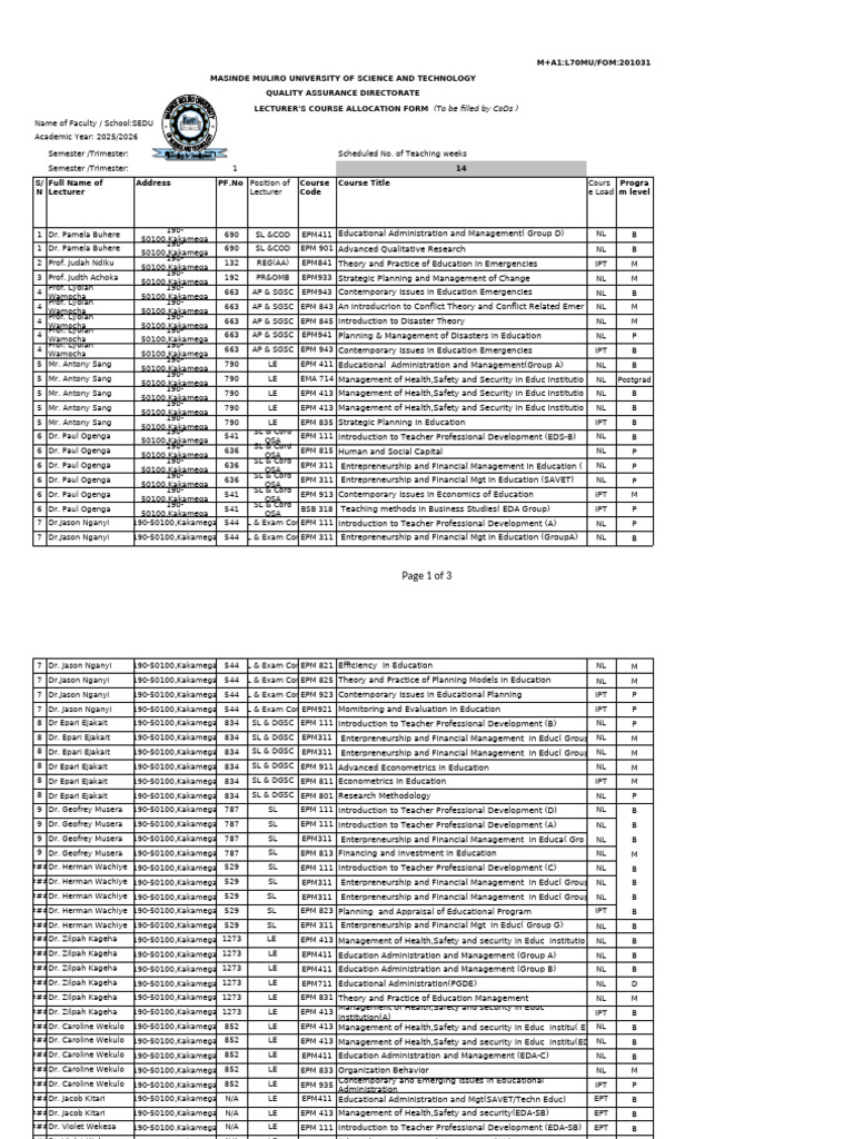 Semester 1 Course Allocation - 2025-2026 Reviewed | PDF | Hierarchy | Leadership