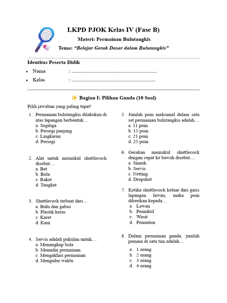 Tugas PJOK: Bulutangkis Kelas IV | PDF