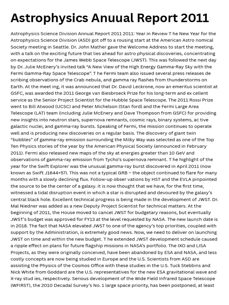 Astrophysics Science Division Annual Report 2011 2011 Year in Review T ...