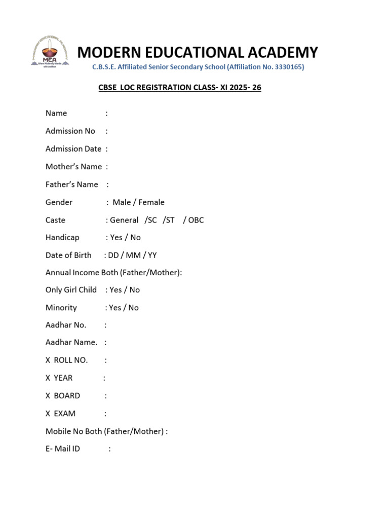 Cbse Loc Registrations Form Class Xi 2025-26 | PDF