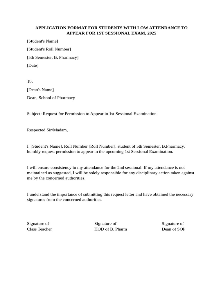 Low Attendance Exam Application Format | PDF