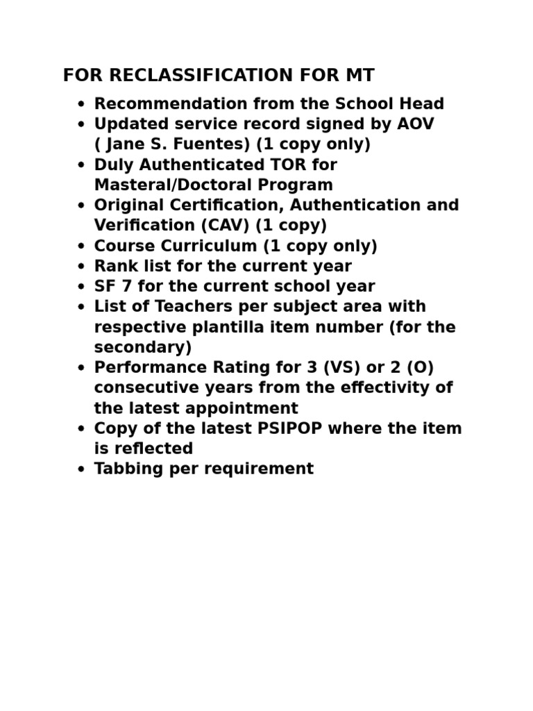 Requirements For Reclassification For MT | PDF