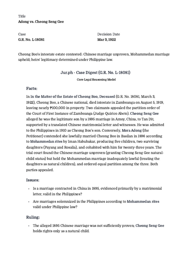 2 Case Digest - G.R. No. L-18081 - Adong vs. Cheong Seng Gee | PDF | Marriage | Justice